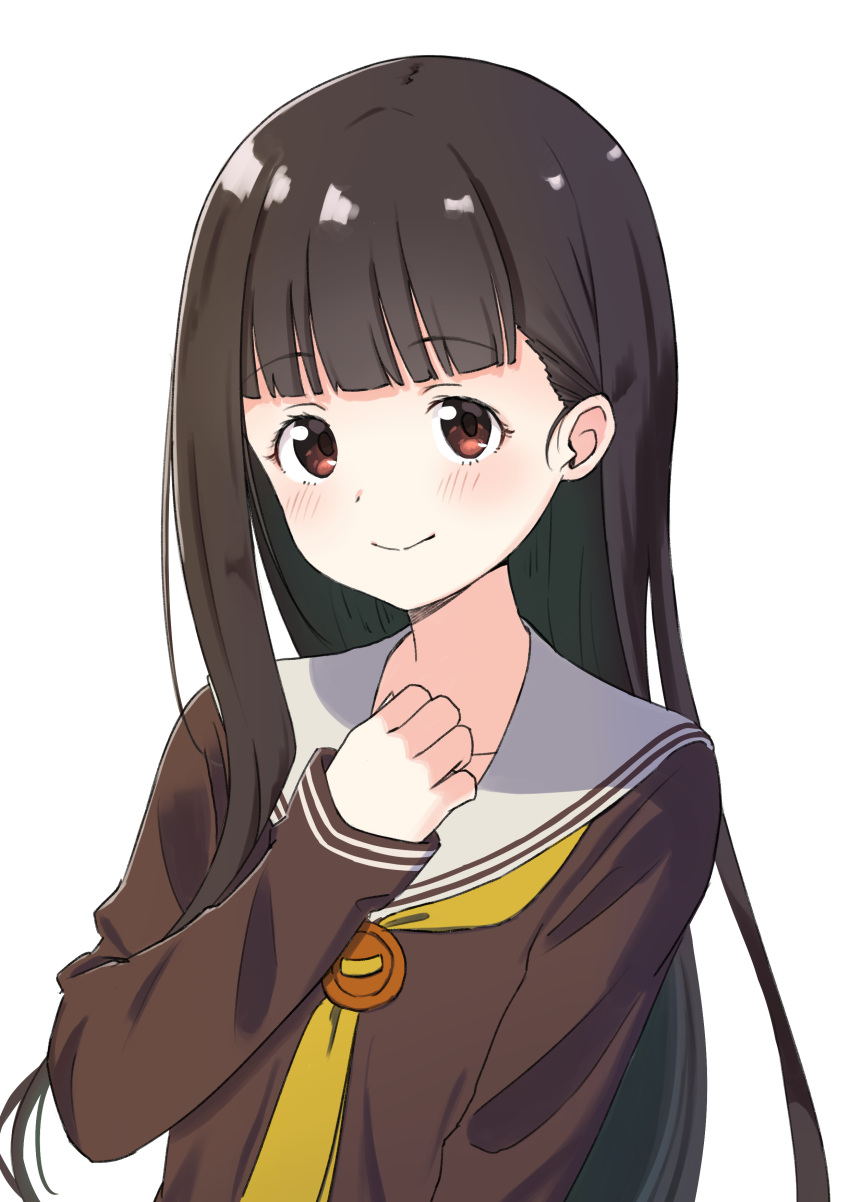 Safebooru - 1girl absurdres blunt bangs blush brown eyes brown hair brown shirt hand up highres ...