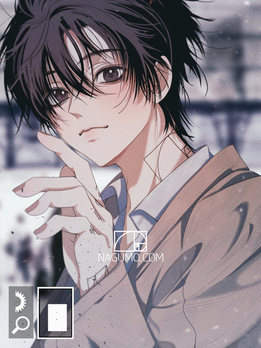 Safebooru - 1boy arm up blurry blurry background brown eyes brown hair brown jacket closed mouth ...