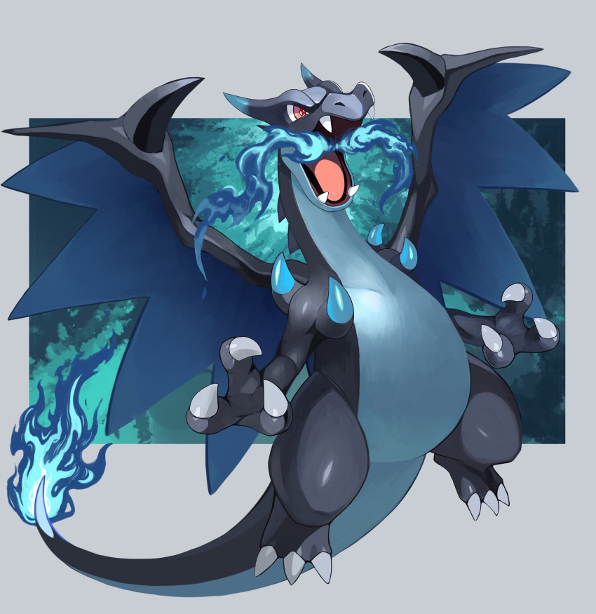 Safebooru - black skin blue fire blue skin blue theme blue wings border charizard claws colored ...