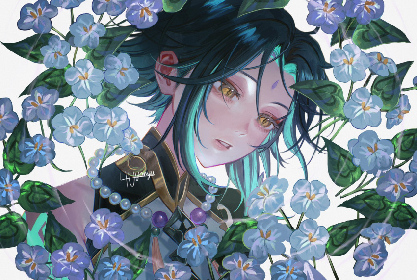 Safebooru - 1boy 4the2ofus aqua hair artist name blue flower blue hair ...