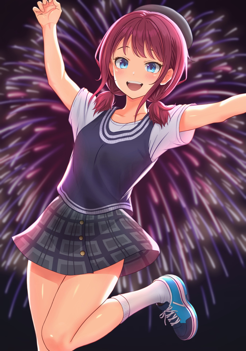 Safebooru - 1girl absurdres aerial fireworks blue footwear blue skirt ...
