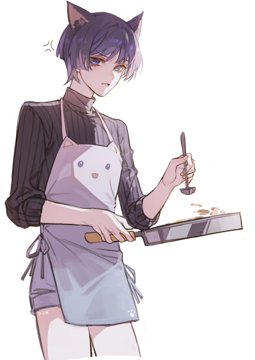 Safebooru - 1boy alternate costume anger vein animal ears apron black shirt cat boy cat ears ...