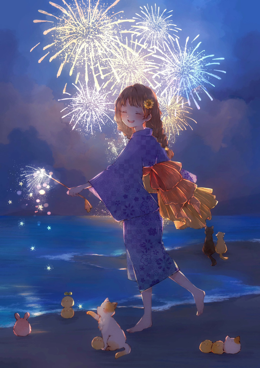 Safebooru - 1girl ^ ^ anna (k0130) bird braid brown hair cat chicken closed eyes clouds cloudy ...