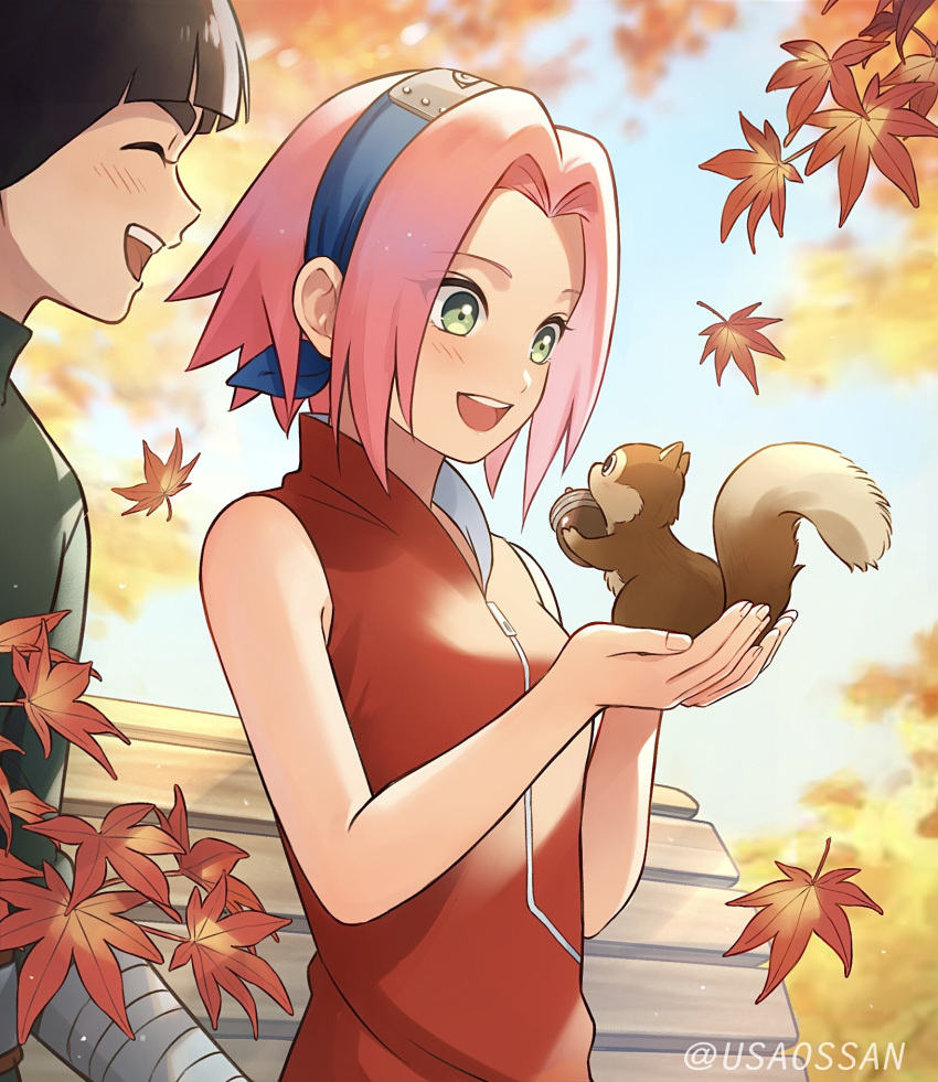 Safebooru - 1boy 1girl acorn animal autumn autumn leaves bandaged arm ...