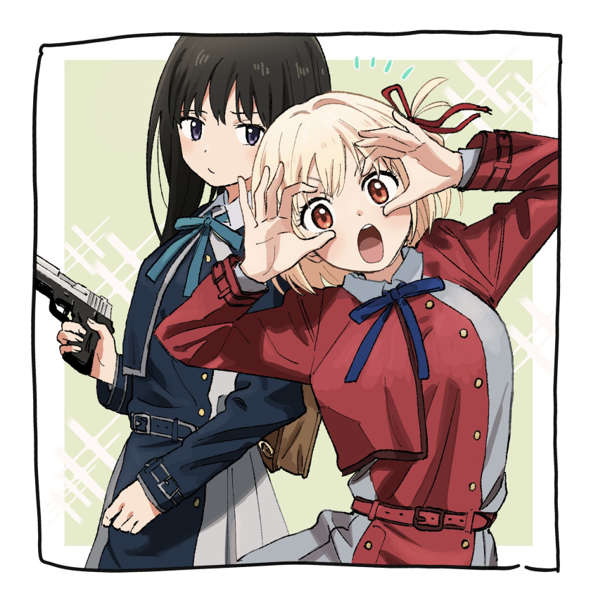 Safebooru - 2girls belt black hair blonde hair breasts gun handgun ...