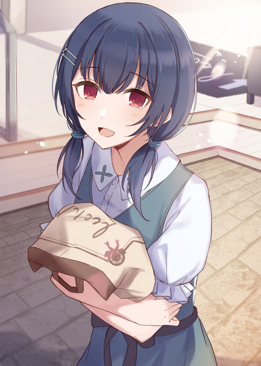 Safebooru - 1girl alternate hairstyle bag black bow black hair blue dress blurry blurry ...