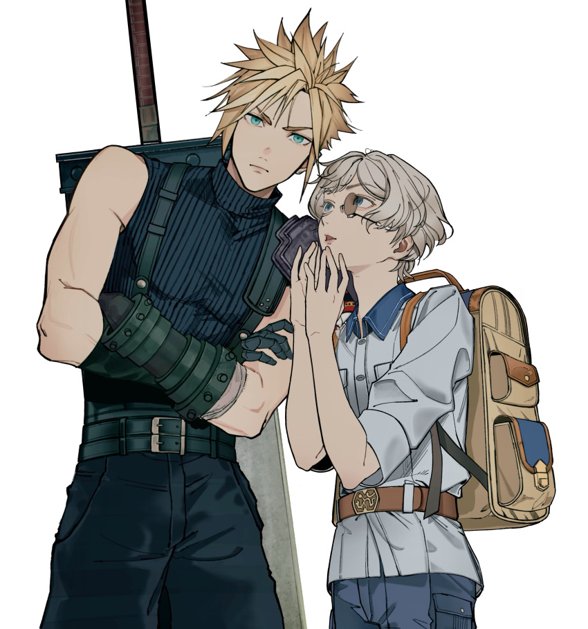 Safebooru - 2boys absurdres aqua eyes armor backpack bag bandaged arm bandages belt black gloves ...