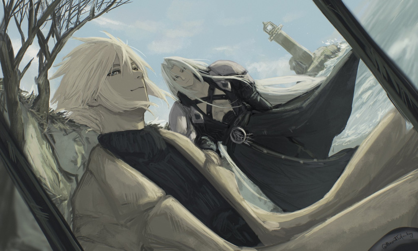 Safebooru - 2boys almondtofu boy armor black coat blonde hair chest strap closed mouth cloud ...