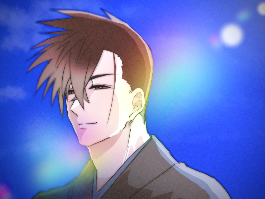 Safebooru - 1boy black kimono blue background blurry blurry background brown eyes brown hair ...
