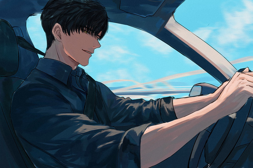 Safebooru - 1boy black hair black shirt car interior collared shirt ...