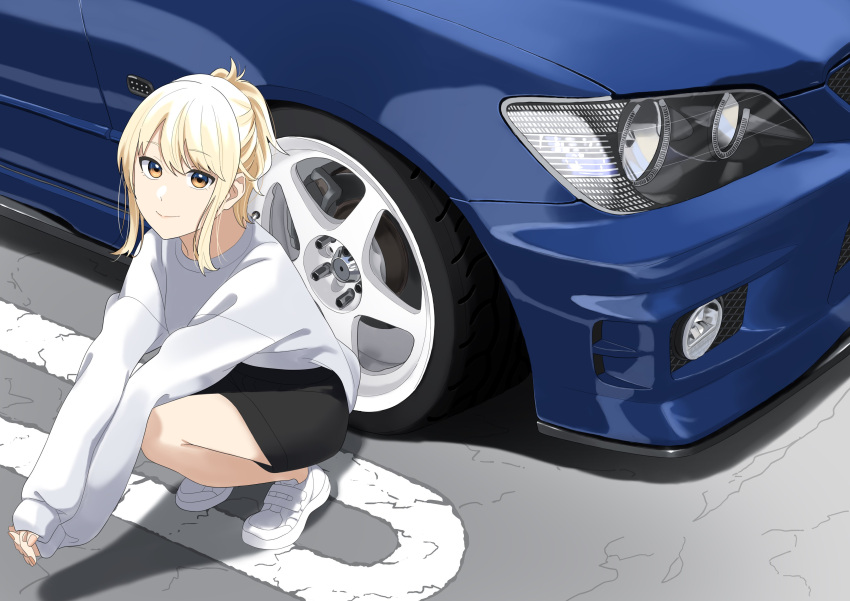 Safebooru - 1girl absurdres black shorts blonde hair car closed mouth highres long sleeves ...