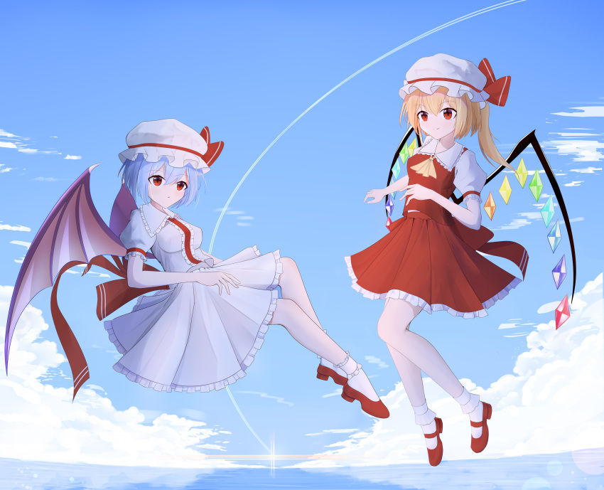 Safebooru - 2girls absurdres ascot bat wings blonde hair blue hair blue sky crystal wings dress ...