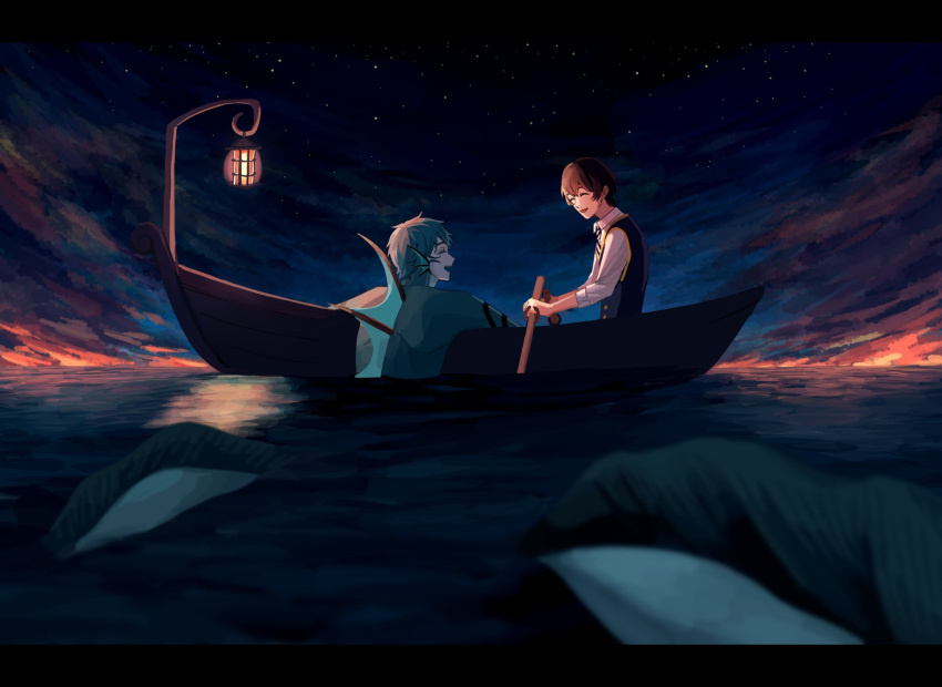 Safebooru - 1boy 1girl blue hair boat brown hair commentary request eel ...