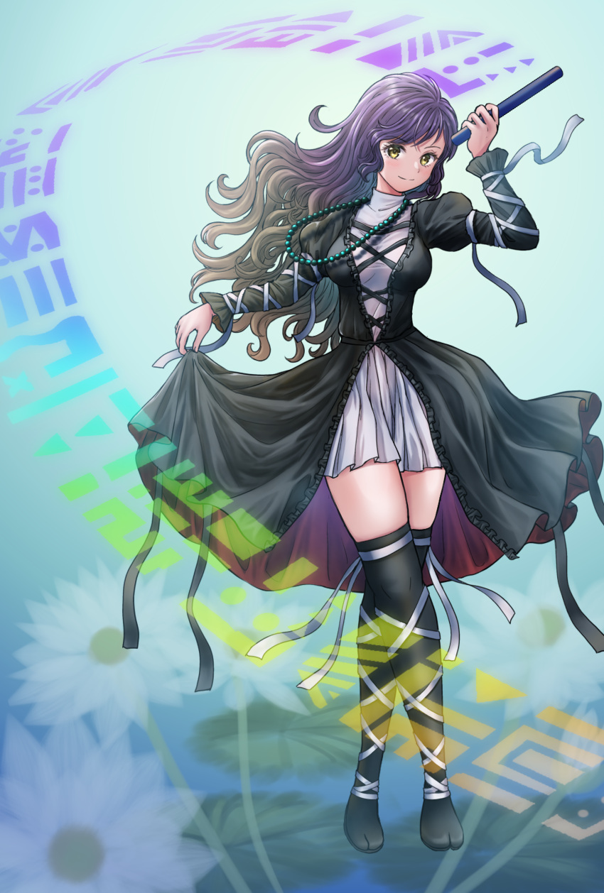 Safebooru - 1girl absurdres bead necklace beads black dress black thighhighs blue background ...