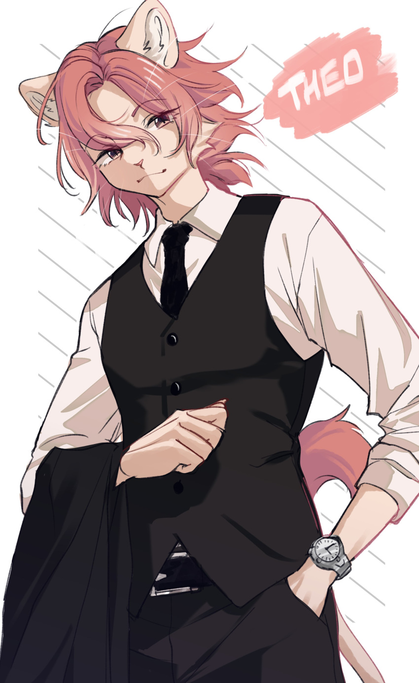 Safebooru - 1boy absurdres belt black necktie black pants black vest brown eyes closed mouth ...