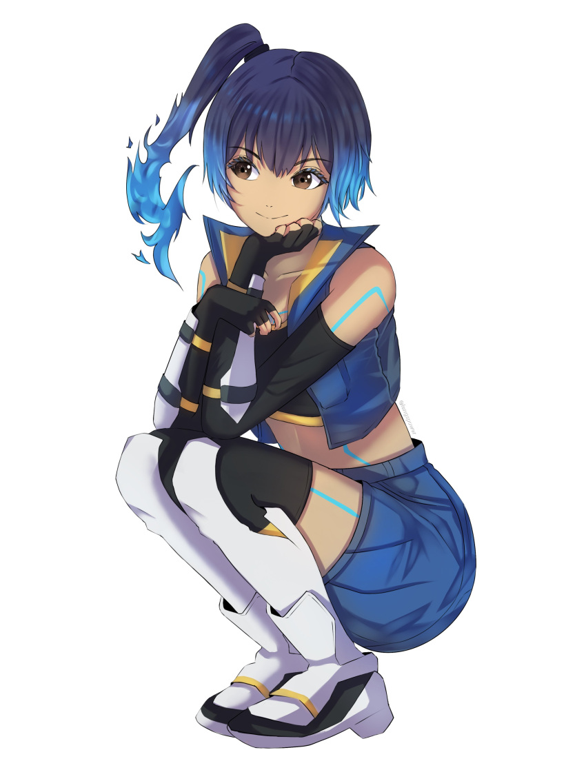 Safebooru - 1girl absurdres black gloves blue hair blue jacket blue shorts body markings brown ...