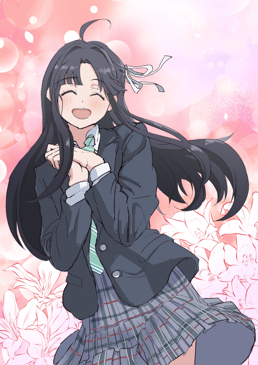 Safebooru - 1girl ^ ^ absurdres ahoge awa subaru black hair black jacket blush closed eyes ...