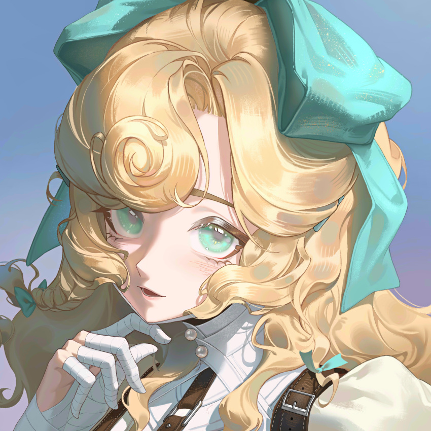 Safebooru - 1girl aqua bow aqua eyes bandaged hand bandages belt blonde hair blue background bow ...