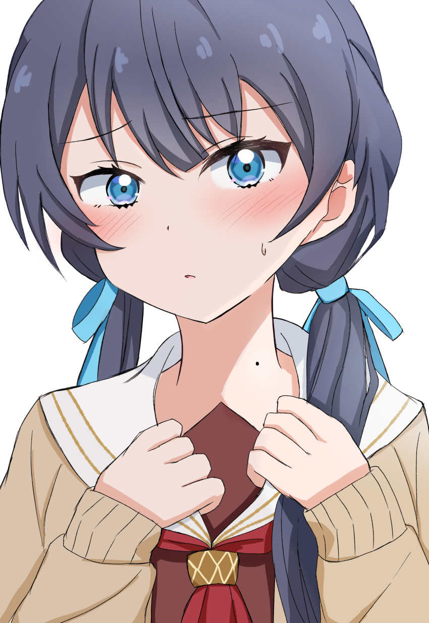 Safebooru - 1girl absurdres blue eyes blue hair blue ribbon blush brown cardigan brown dress ...