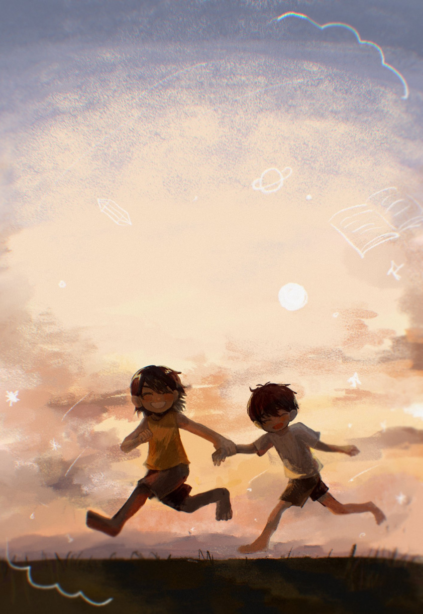 Safebooru 2boys Antenna Hair Barefoot Black Shorts Blush Brown Hair 9869