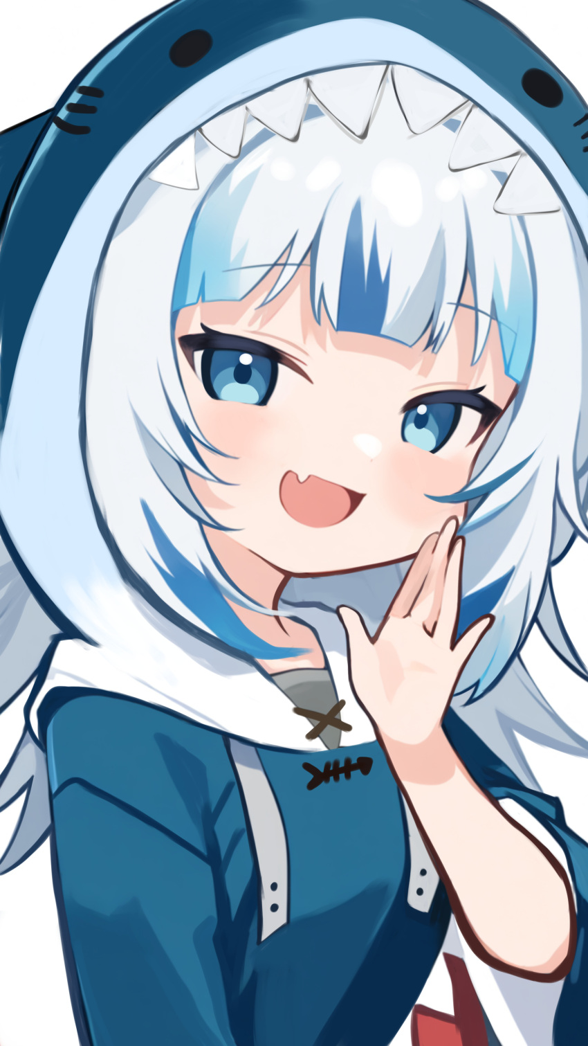 Safebooru - 1girl :d absurdres animal hood blue eyes blue hair blue hoodie child drawstring fang ...