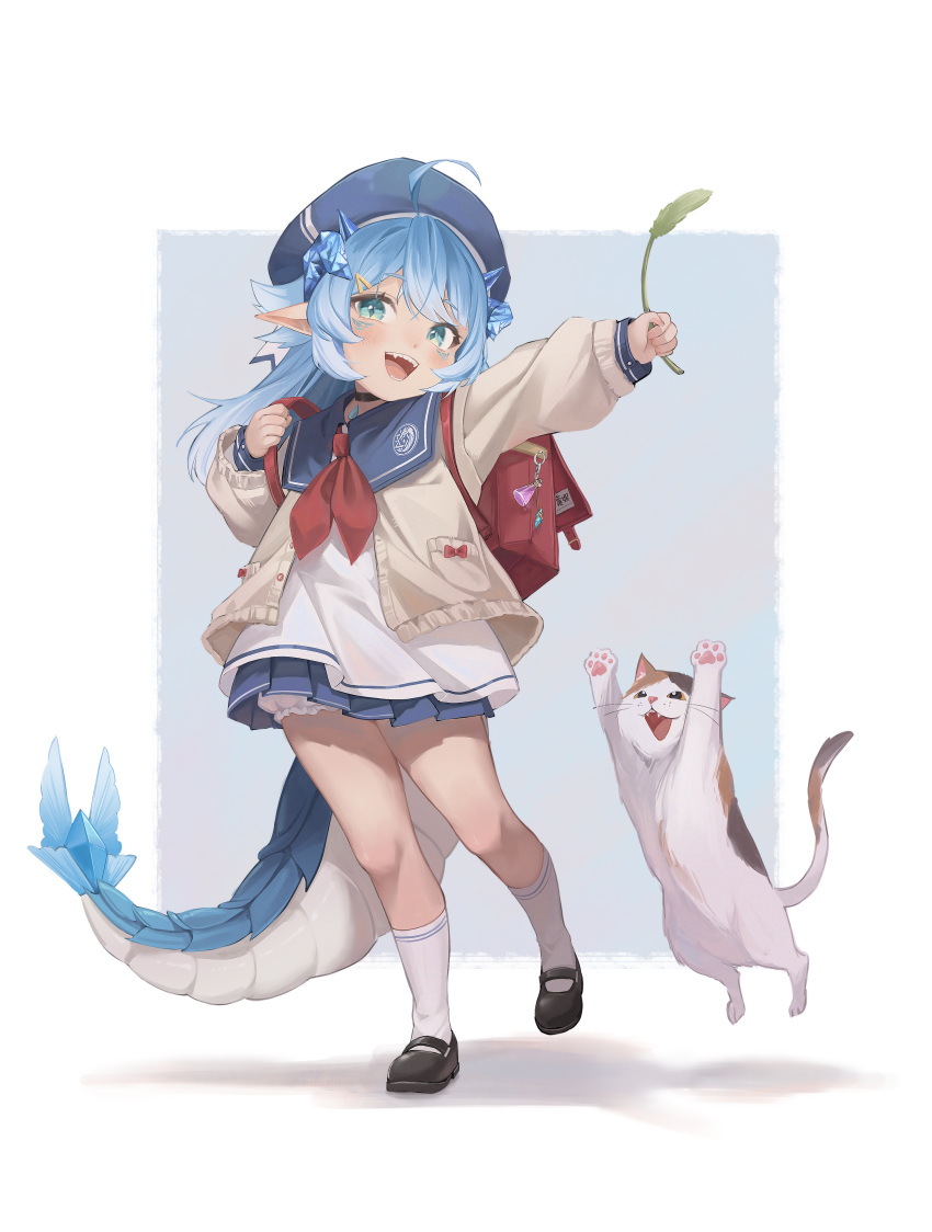 Safebooru - 1girl :d absurdres ahoge backpack bag beret black choker black footwear blue hair ...