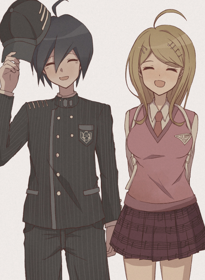 Safebooru - 1boy 1girl :d absurdres ahoge akamatsu kaede black hat blonde hair breasts buttons ...