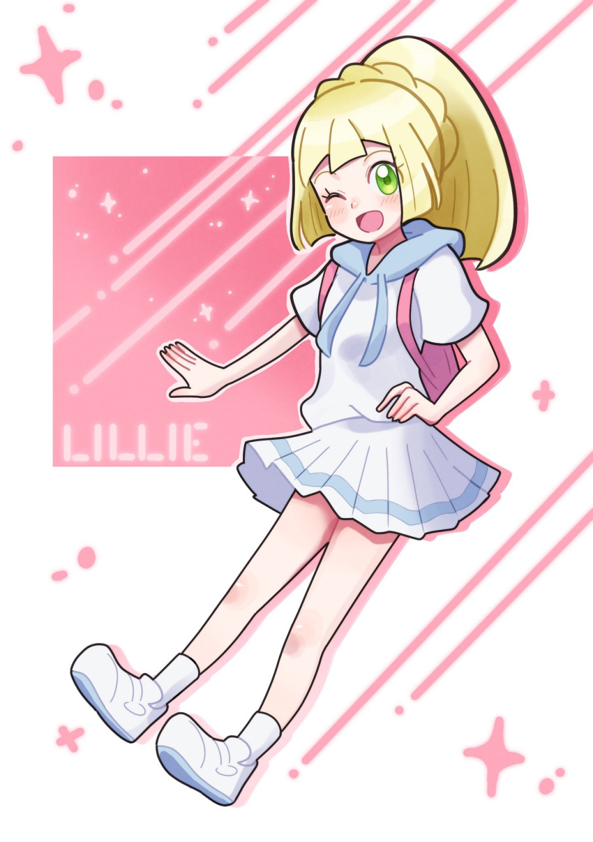 Safebooru - 1girl ;d aria pkmn backpack bag blonde hair blush braid character name commentary ...