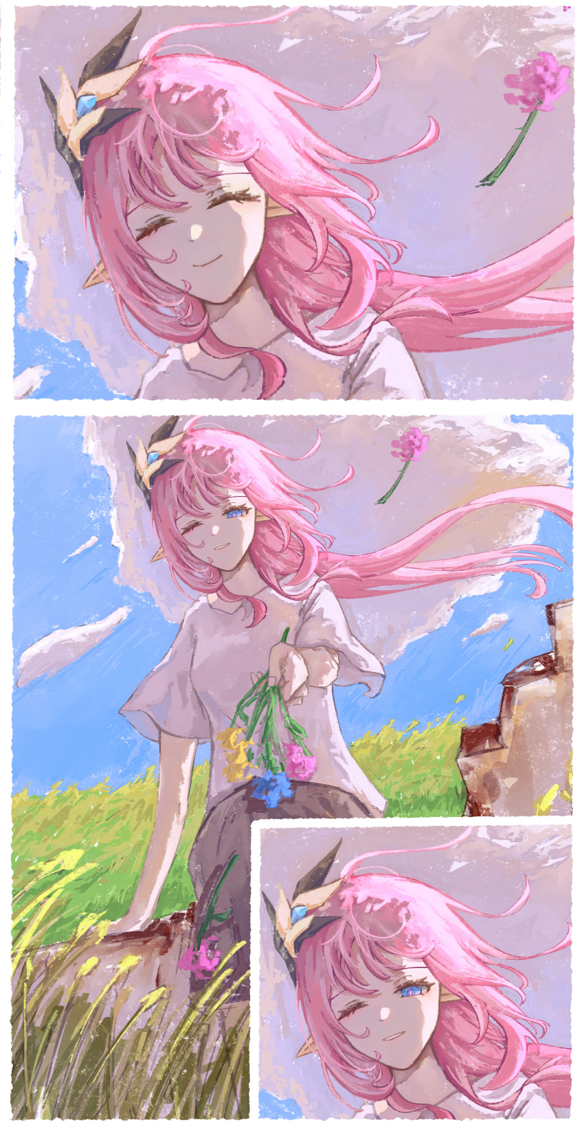 Safebooru - 1girl absurdres black skirt blue eyes blue flower blue rose blue sky closed eyes ...