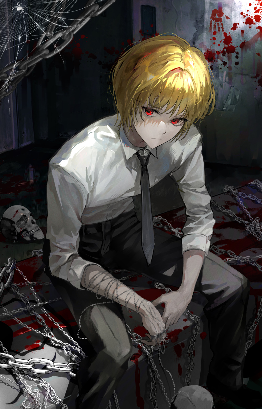 Safebooru - 1boy absurdres bandaged arm bandages black necktie black pants blonde hair blood ...