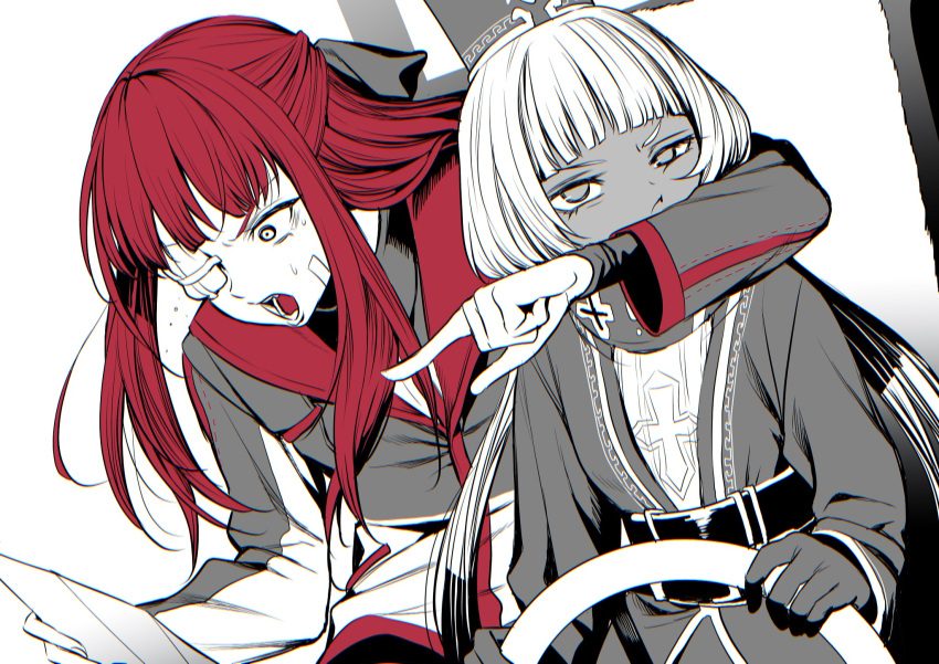 Safebooru - 2girls arm up bow charon (project moon) dress gloves hair bow hat highres holding ...