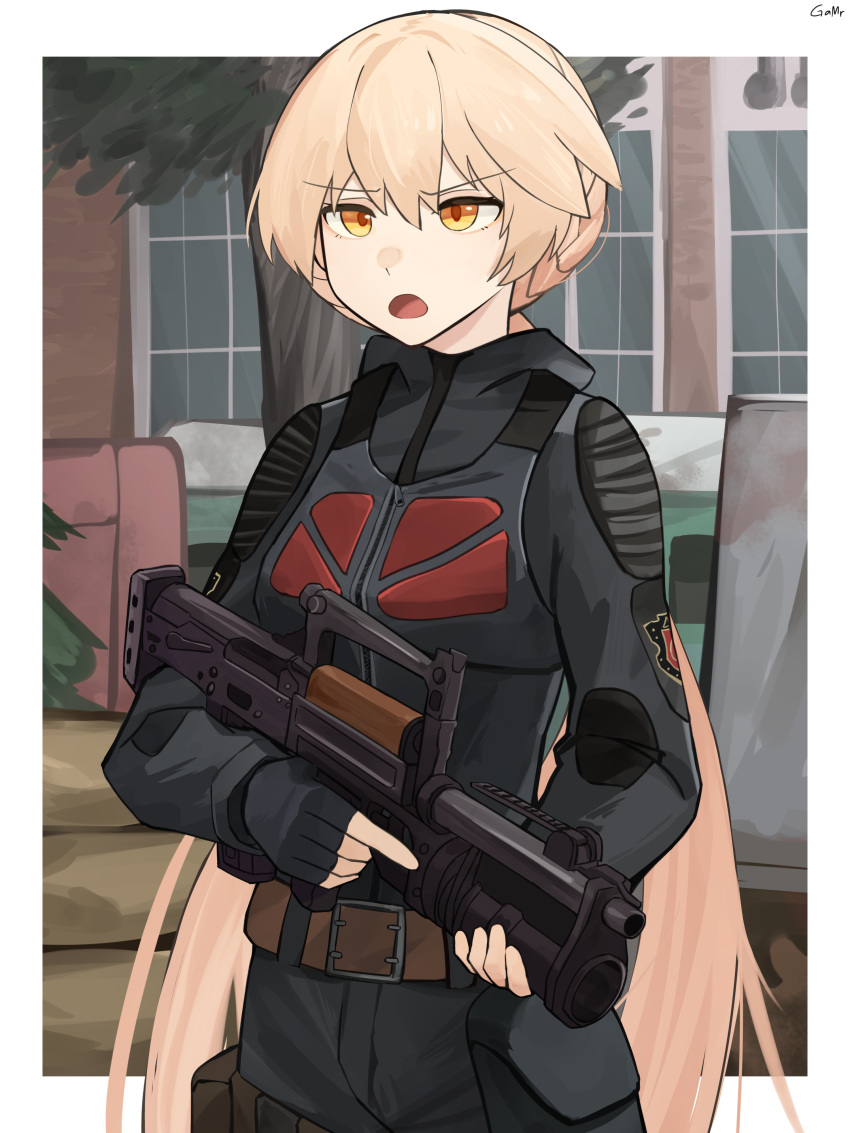 Safebooru - 1girl absurdres assault rifle belt black gloves black jacket black pants blonde hair ...