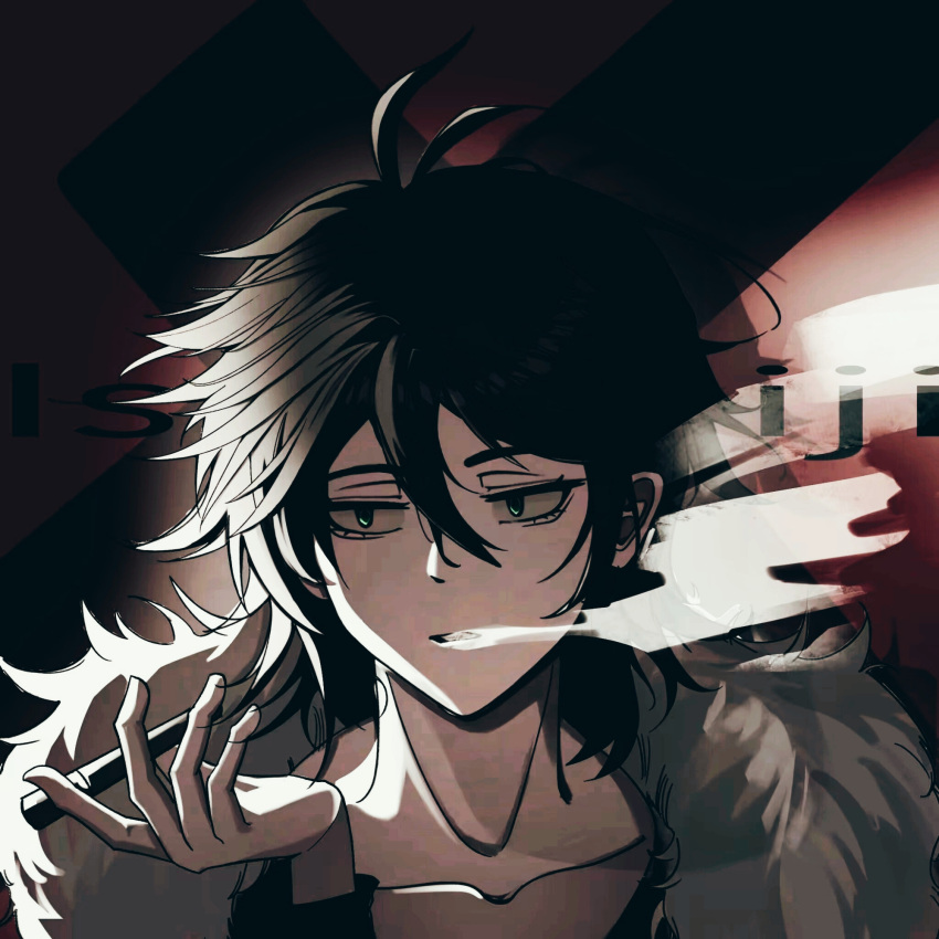 Safebooru - 1boy antenna hair blowing smoke blue jacket brown hair ...