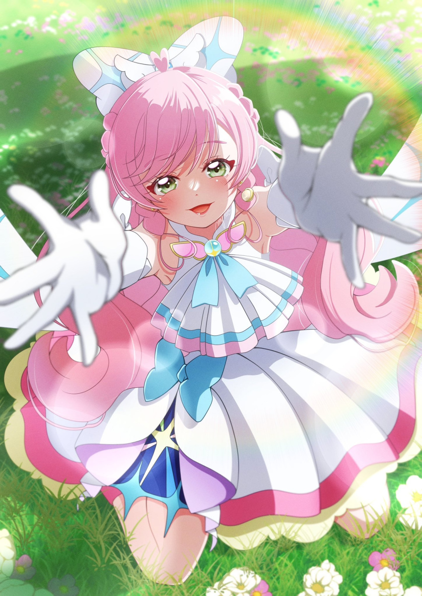 Safebooru - 1girl :d blue bow blush bow braid brooch cure prism dot nose dress dress bow elbow ...