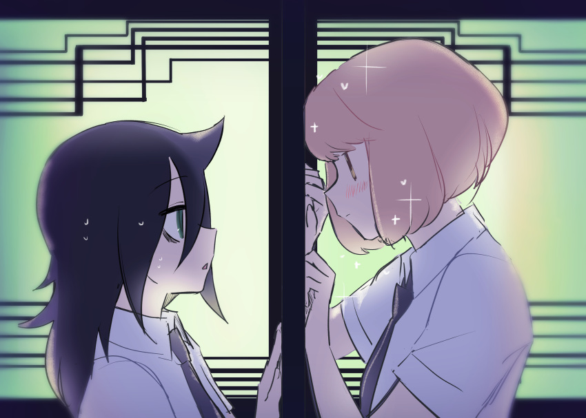 Safebooru - 2girls absurdres bags under eyes black hair black necktie blonde hair blurry blush ...