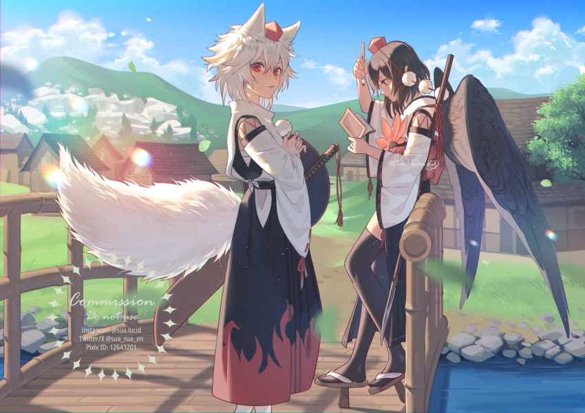 Safebooru - 2girls animal ears bare shoulders bird wings black hair ...