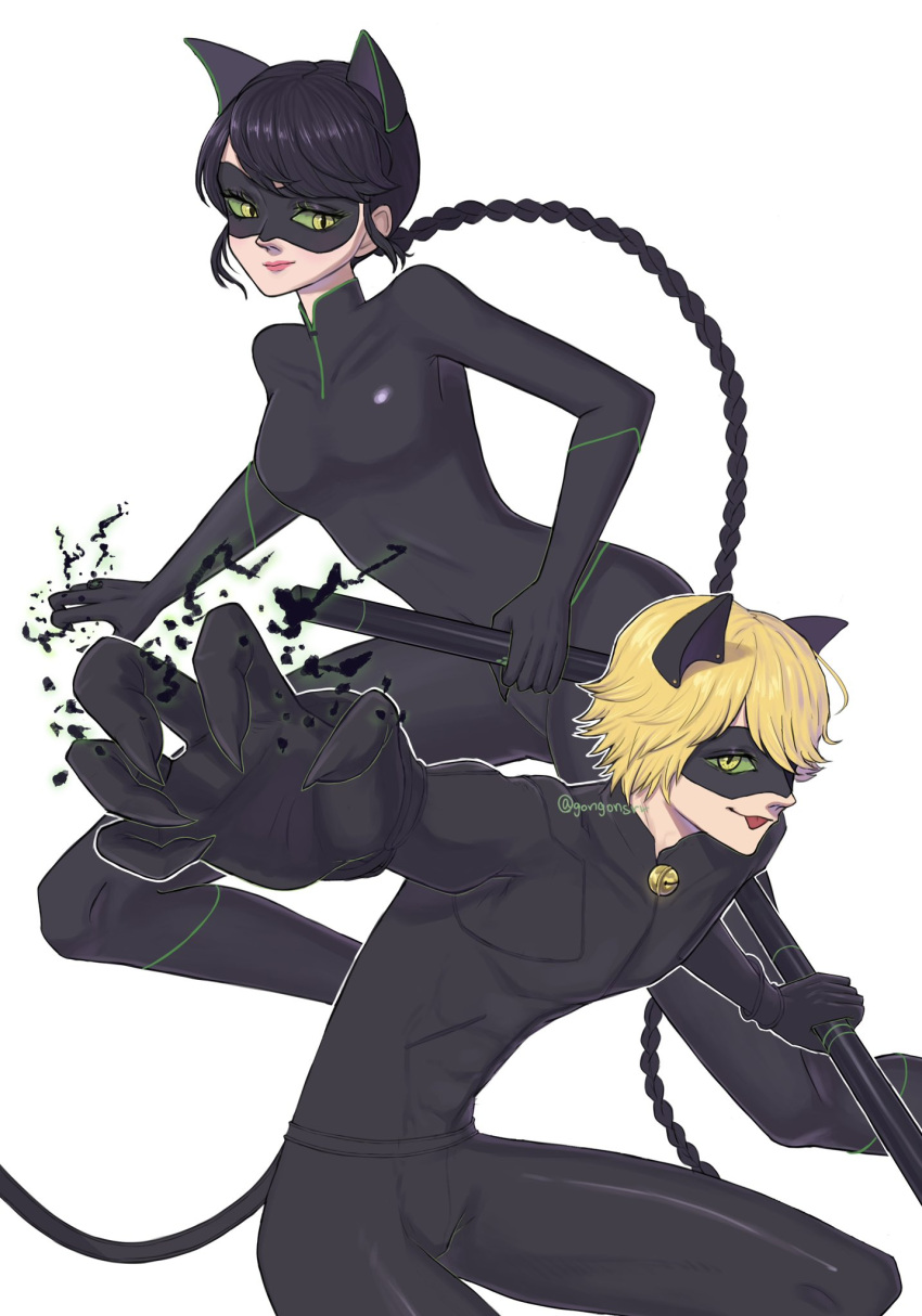 Safebooru - 1boy 1girl adrien agreste animal ears bell black bodysuit black hair black mask ...