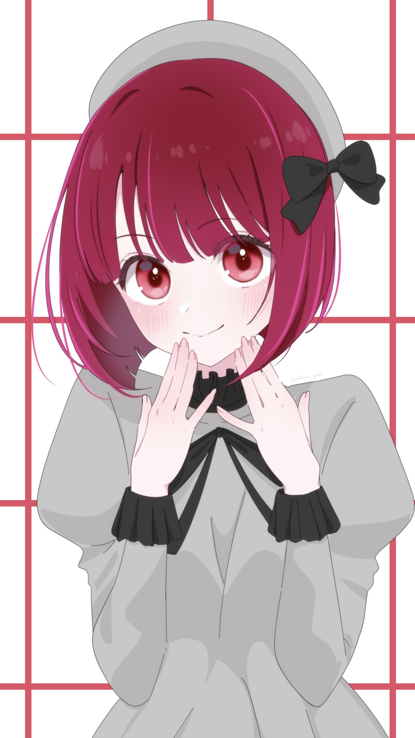 Safebooru - 1girl absurdres arima kana black bow blush bob cut bow closed mouth dress grey dress ...