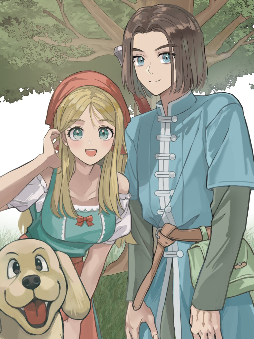 Safebooru - 1boy 1girl :d belt blonde hair blue eyes brown hair dog ...