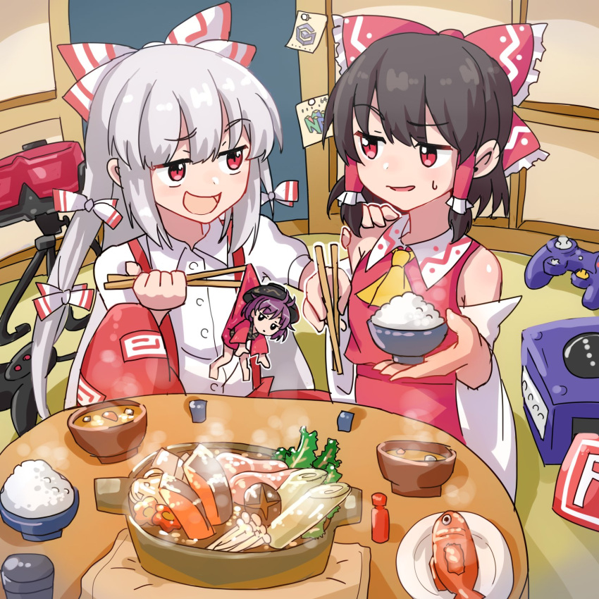 Safebooru - 3girls :d ascot beef black hair blush bow bowl bowl hat ...