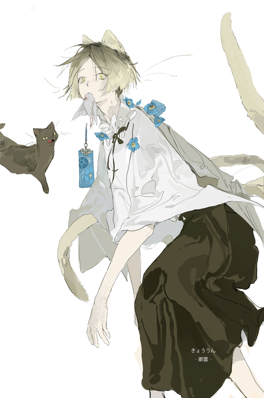 Safebooru - 1boy absurdres animal ears bird blonde hair blue flower cat cat boy cat ears cat ...