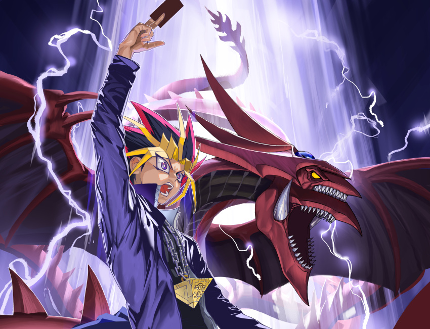Safebooru - 1boy absurdres arm up black hair blonde hair blue jacket card colored skin dragon ...