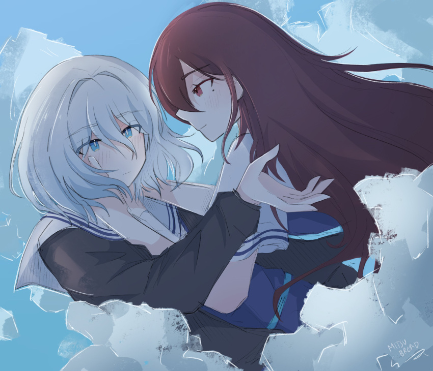 Safebooru - 2girls artist name asaka kaori black cardigan blue eyes blush brown hair cardigan ...