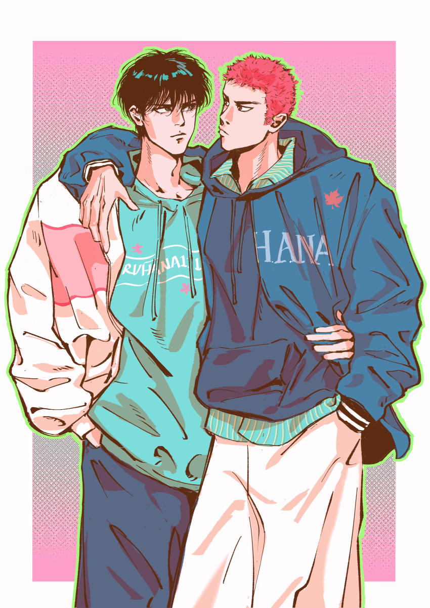 Safebooru - 2boys absurdres aqua hoodie arm behind another's back arm on another's shoulder ...