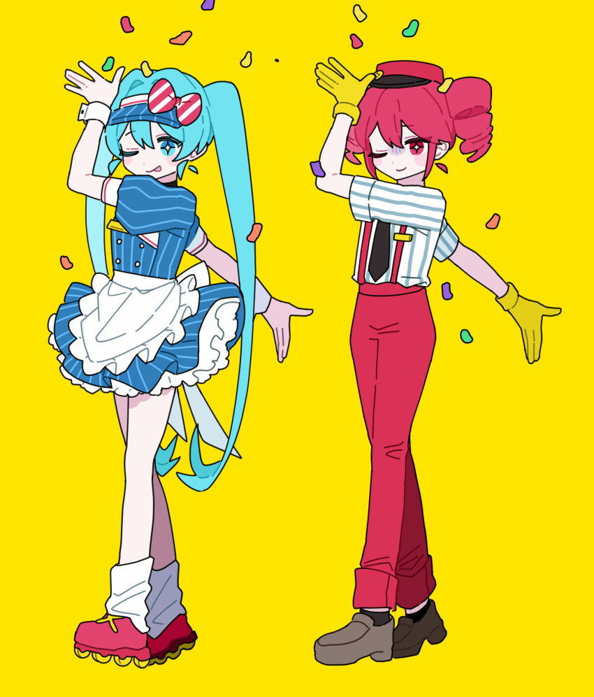 Safebooru - 2girls :q arm up black necktie blue dress blue eyes blue ...