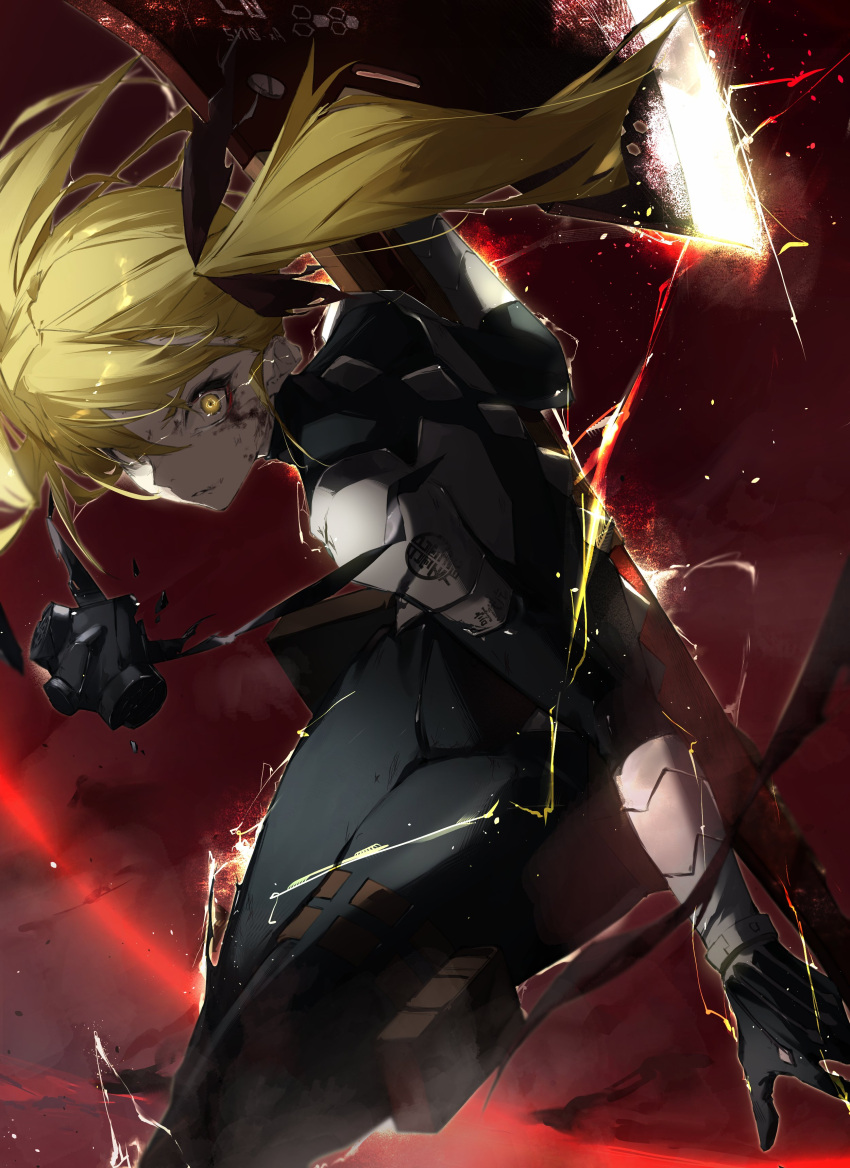 Safebooru - 1girl absurdres armor blonde hair daichi electricity gas mask gloves highres holding ...