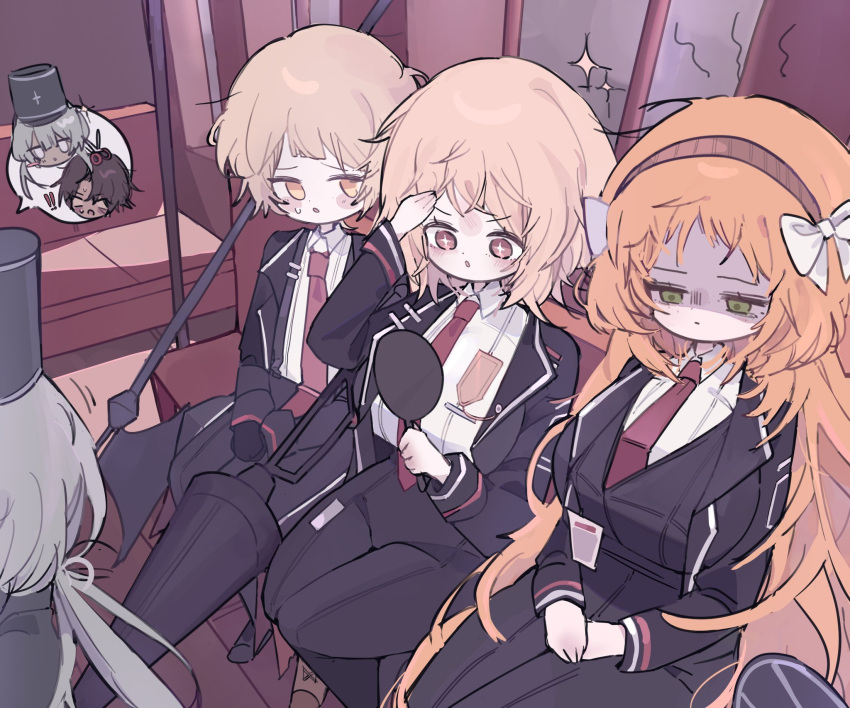 Safebooru - 2boys 3girls black coat black vest blonde hair bow breasts brown hairband charon ...