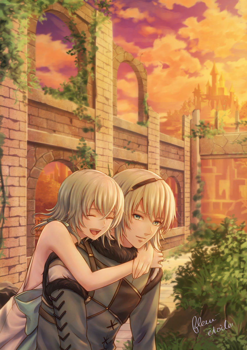 Safebooru - 1boy 1girl :d ^ ^ absurdres blue eyes brother and sister closed eyes dress foliage ...