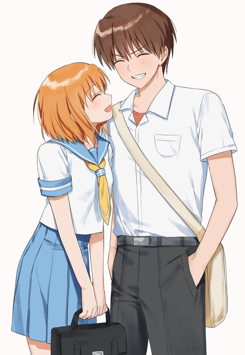 Safebooru - 1boy 1girl :d ^ ^ absurdres bag black pants blue sailor ...