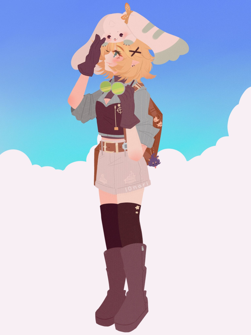 Safebooru - 1girl aqua shirt artist name backpack bag belt black gloves black thighhighs blonde ...